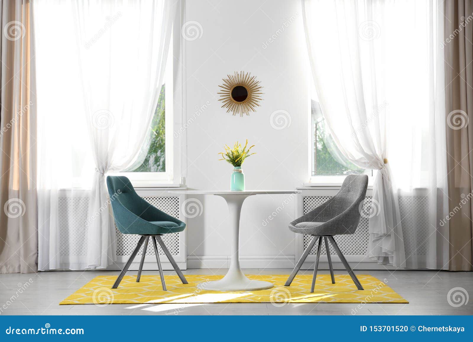 Room with Comfortable Table, Chairs and Stylish Decor Stock Photo ...
