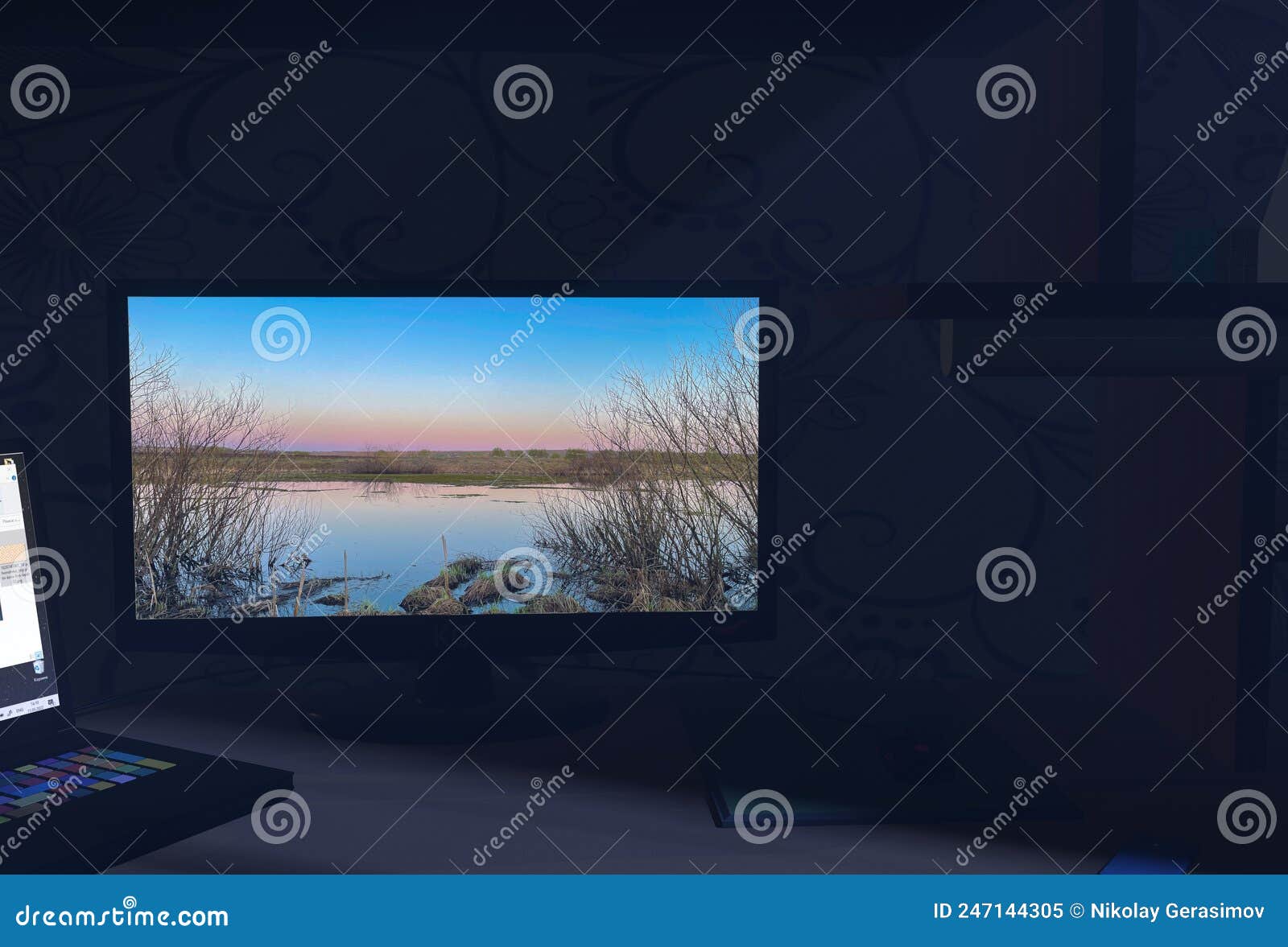 A Room with a Computer on a Table in the Moonlight at Night 3d ...
