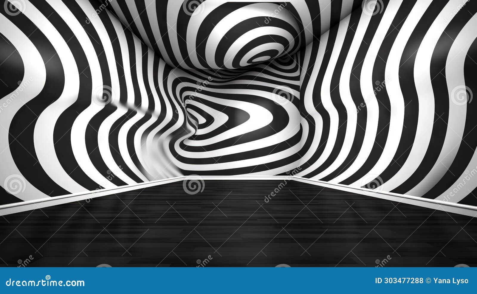 Room Covered in a Black and White Spiral Pattern, Creating an Optical ...
