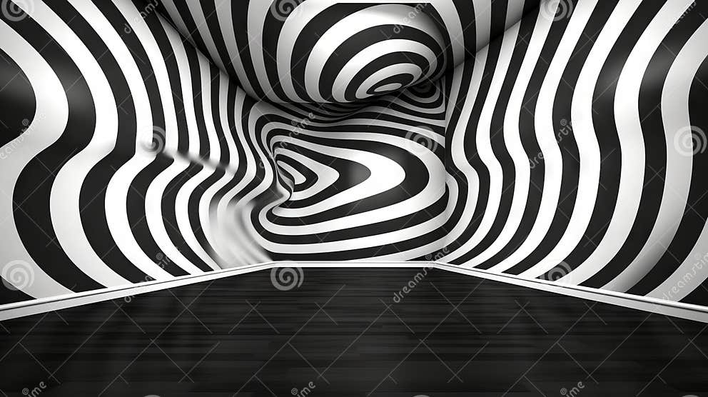 Room Covered in a Black and White Spiral Pattern, Creating an Optical ...