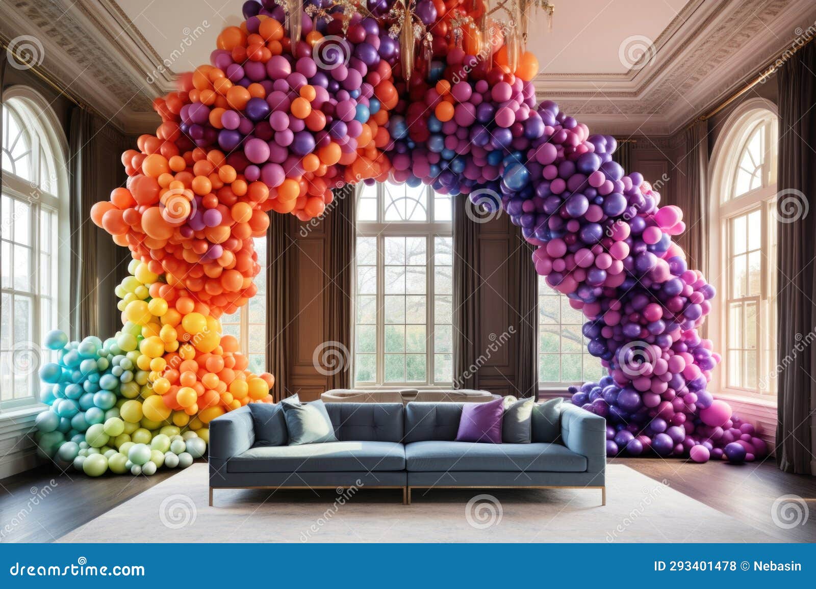 A Room Decorated with an Arch of Multi-colored Balloons Stock Photo ...