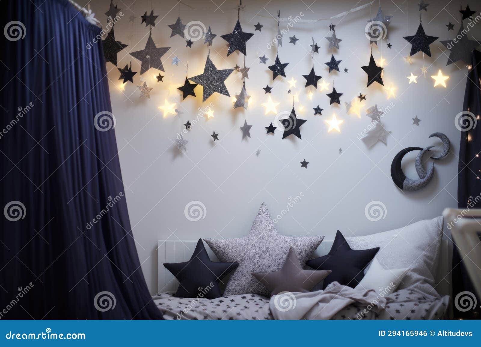 Room Decorated with Papercraft Stars and Moons Stock Photo - Image of ...