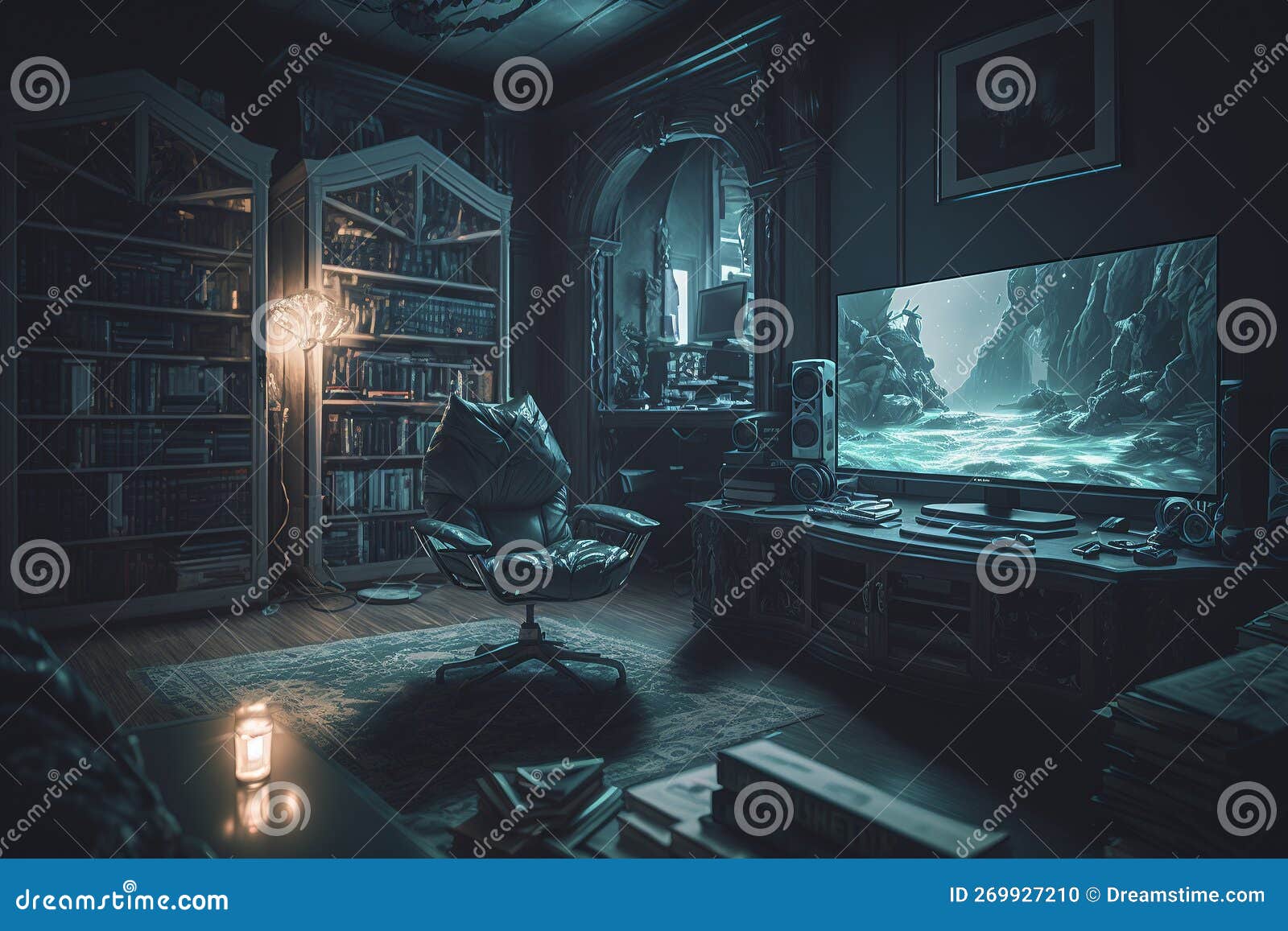 Room design for gaming stock illustration. Illustration of furniture ...