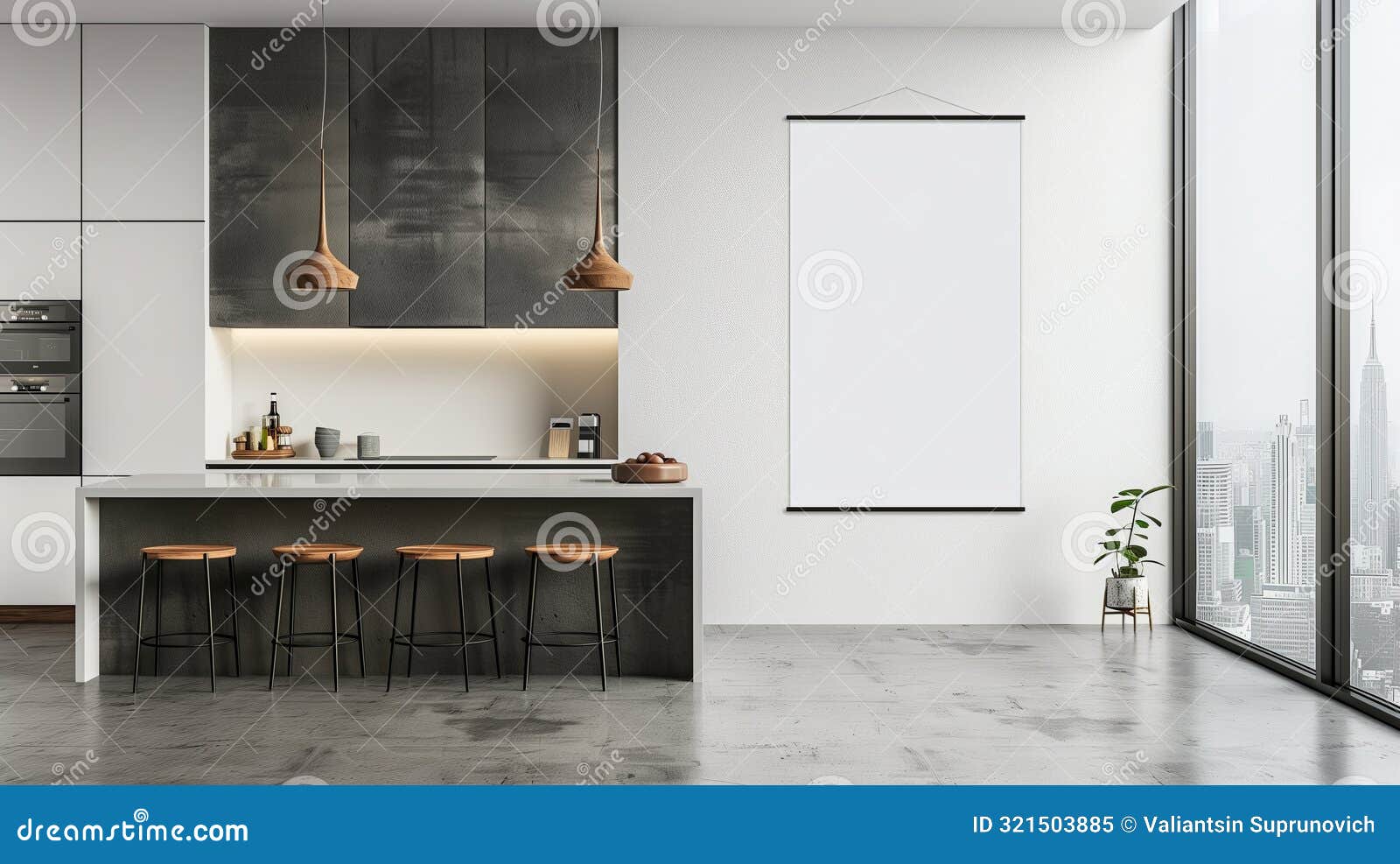 Room Design Interior with a Blank Wall. Poster is Empty with White ...