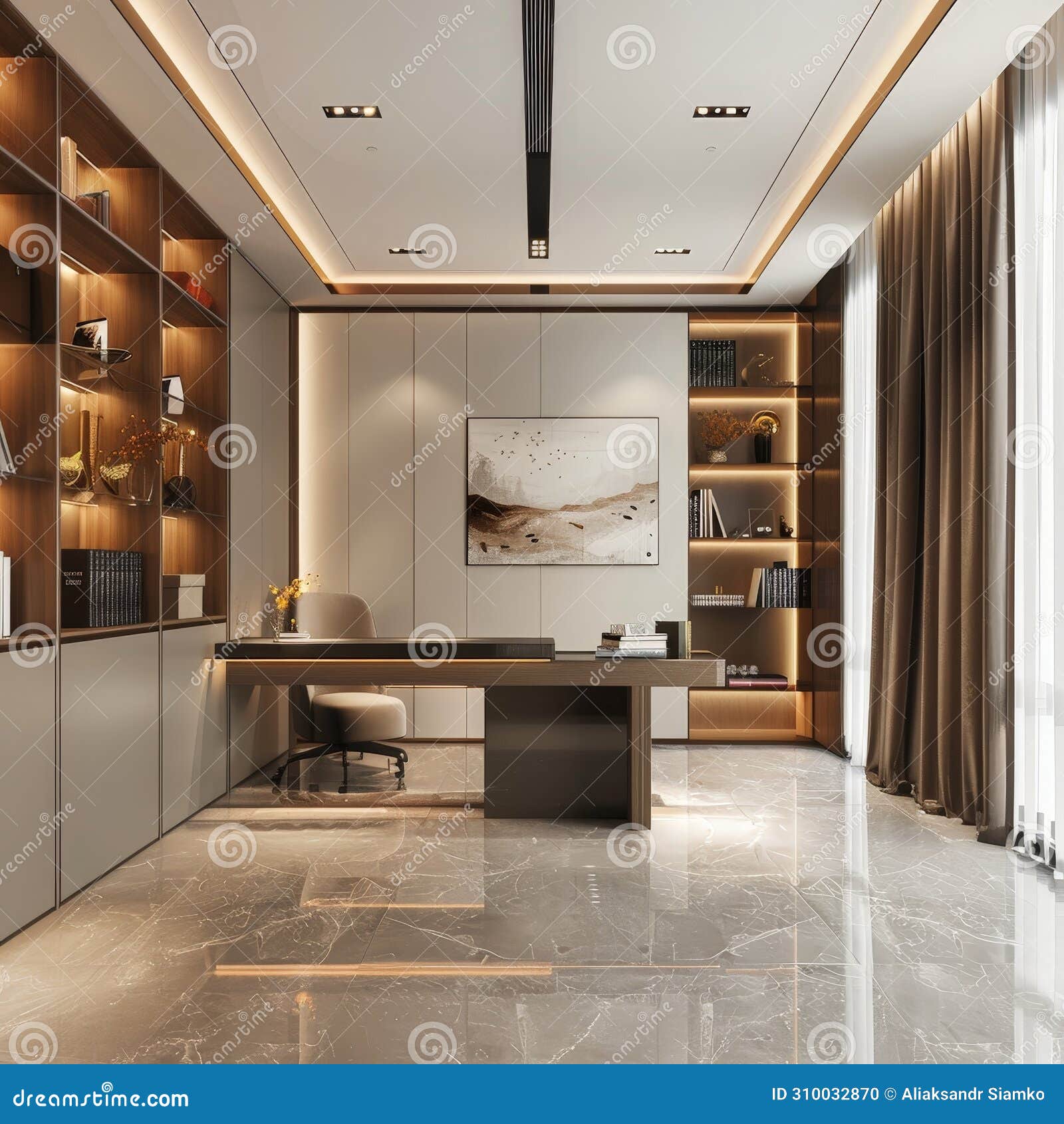 A Room with a Desk and Shelves Stock Photo - Image of white, window ...