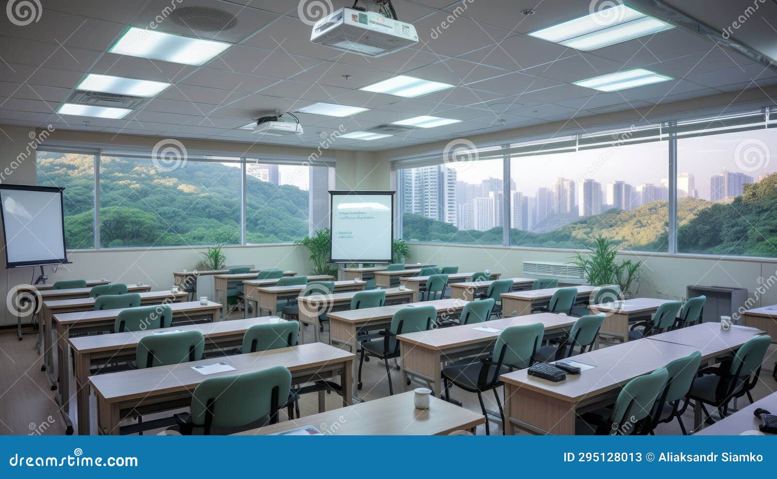 A Room with Desks and Chairs and Projector Stock Image - Image of class ...