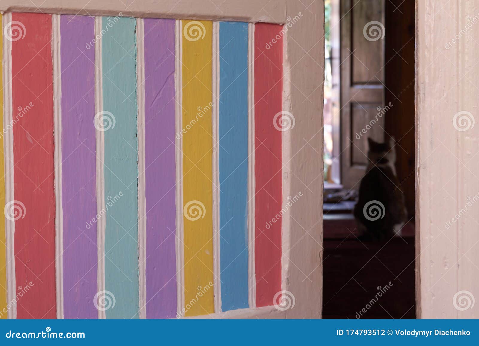 Room Doors Open. Wooden Doors Painted with Colored Stripes Stock Photo ...