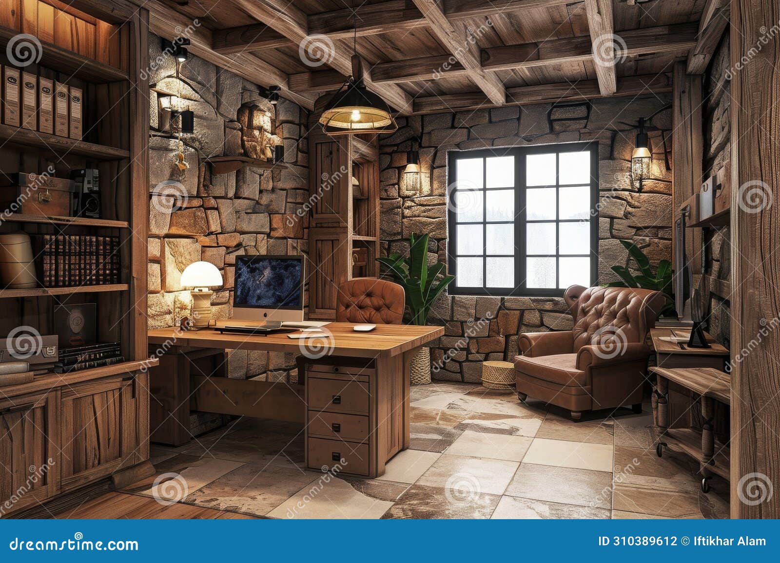 A Room Featuring a Sturdy Stone Wall and a Functional Desk, Rustic ...