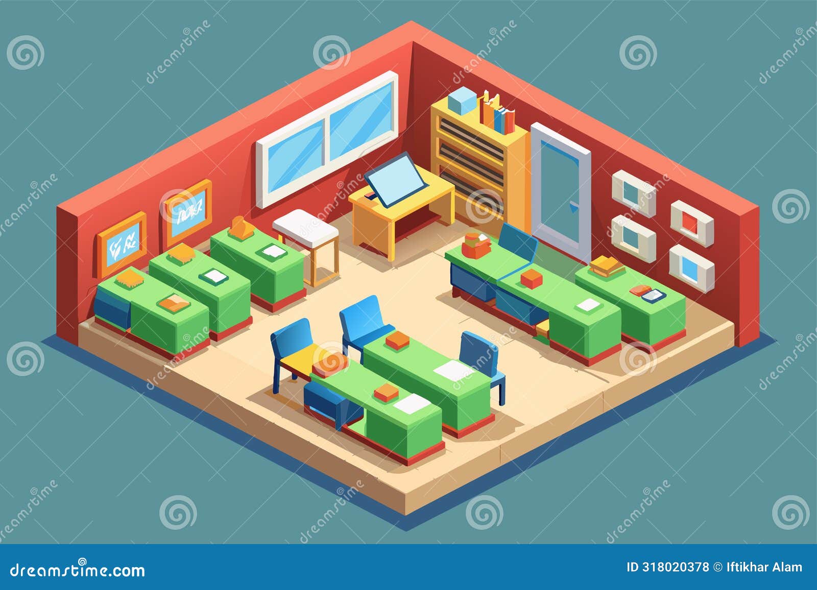 A Room Featuring Two Beds and a Desk, Classroom Customizable Isometric ...