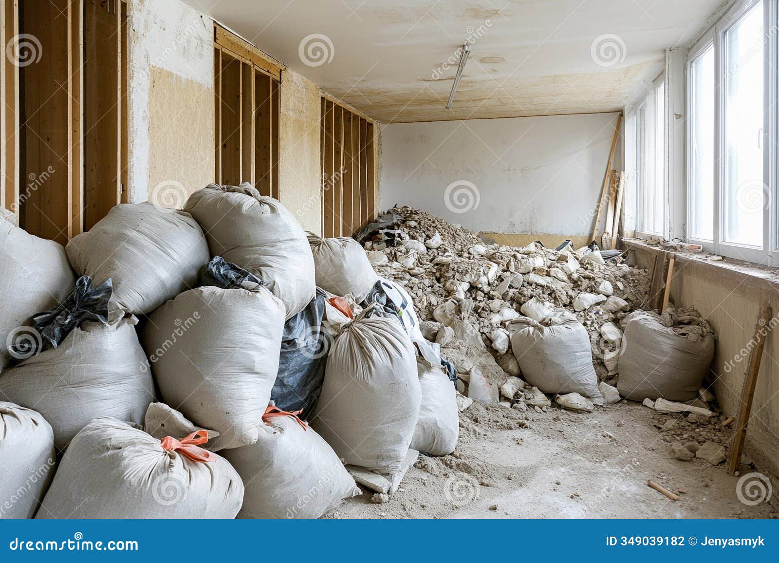 Room Filled with Construction Debris Bags and Rubble during Renovation ...