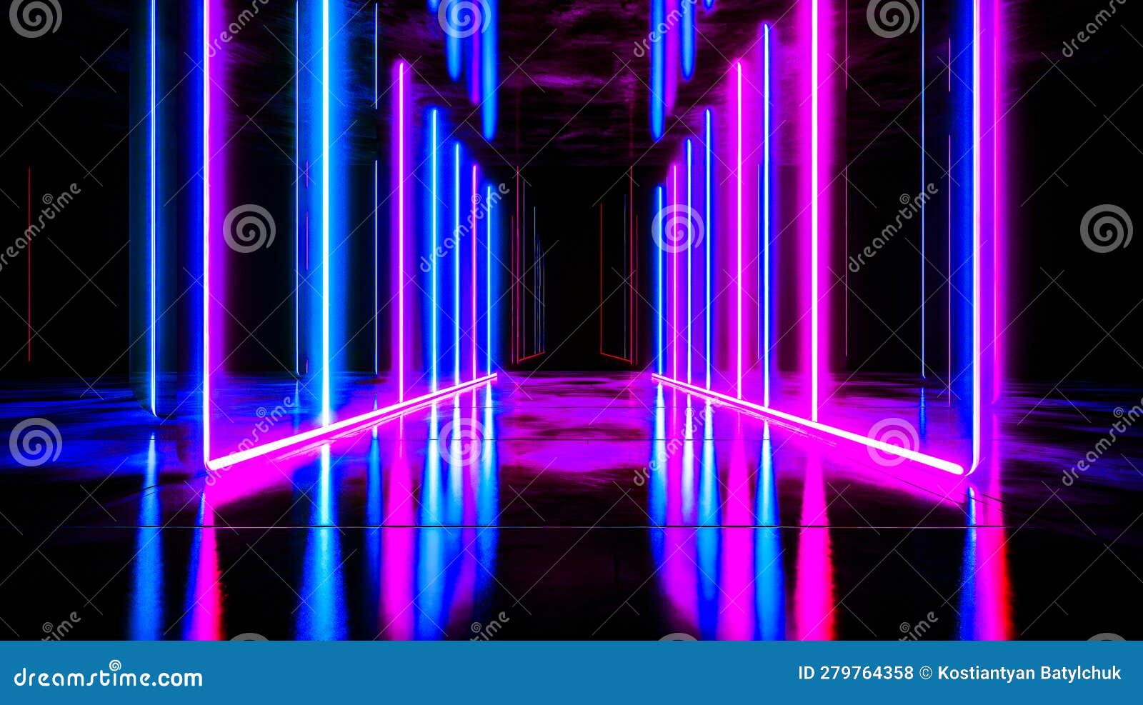 Room Filled with Lots of Neon Lights and Long Hallway with Columns ...
