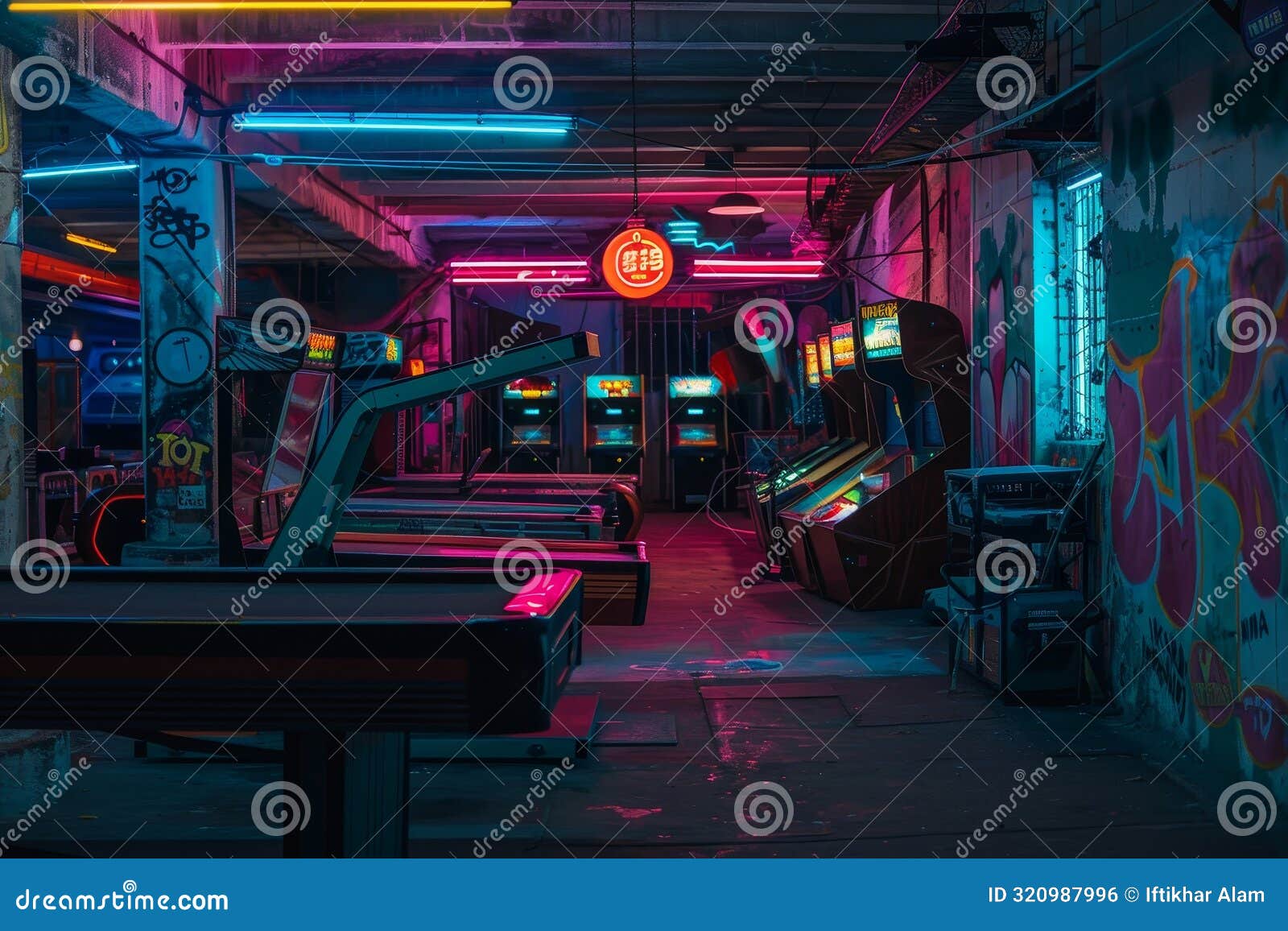 A Room Filled with Neon Lights and Various Arcade Machines Glowing at ...