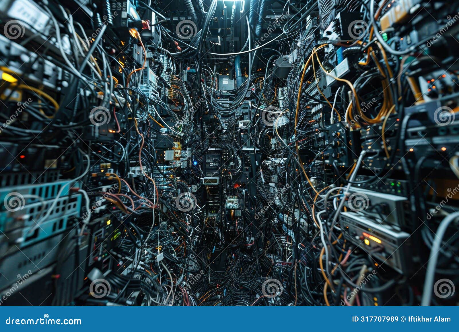 Room Filled with Numerous Tangled Wires and Connectors, Creating a ...