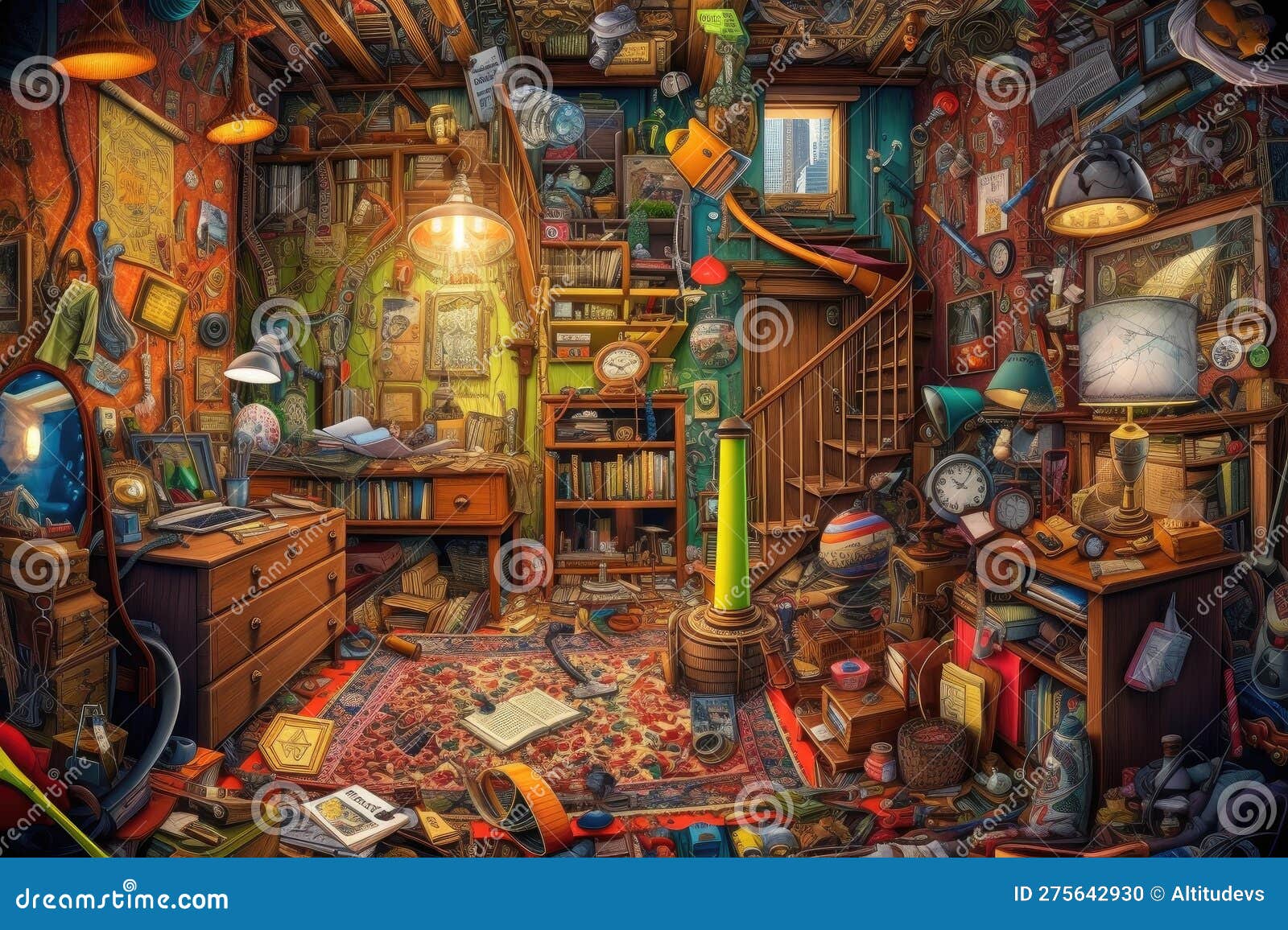 A Room, Filled with Optical Illusions and Hidden Objects Stock ...