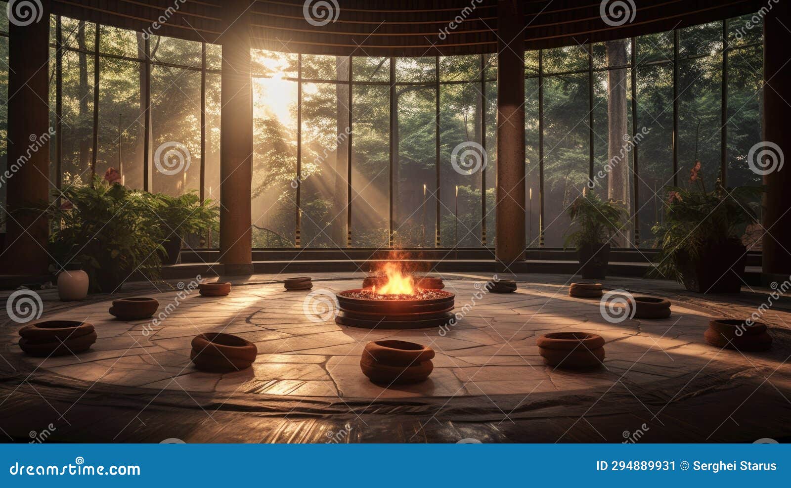 A Room with a Fire Pit in the Middle Surrounded by Trees, AI Stock ...