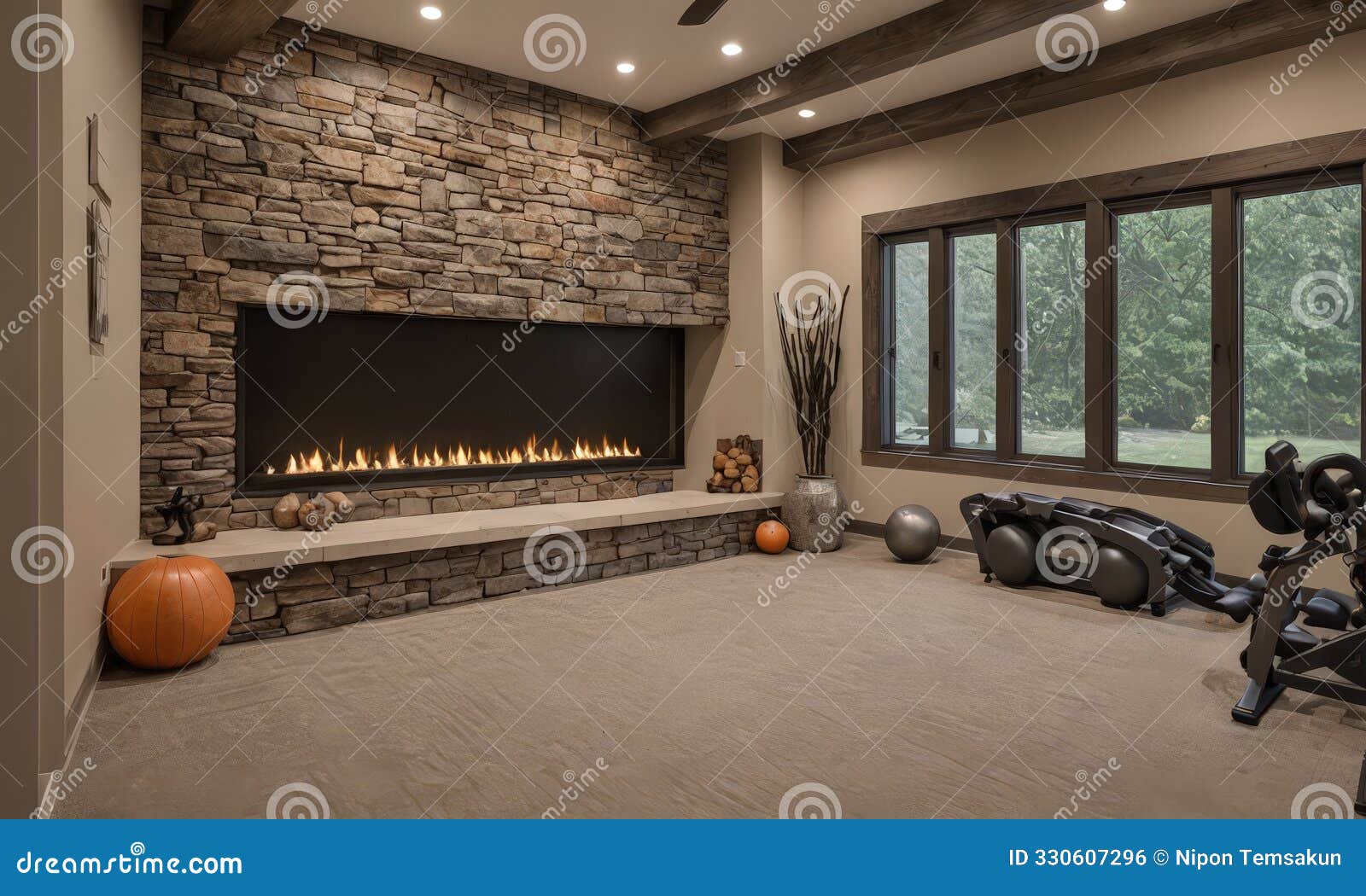 Room with Fireplace and Large Stone Wall Stock Photo - Image of design ...
