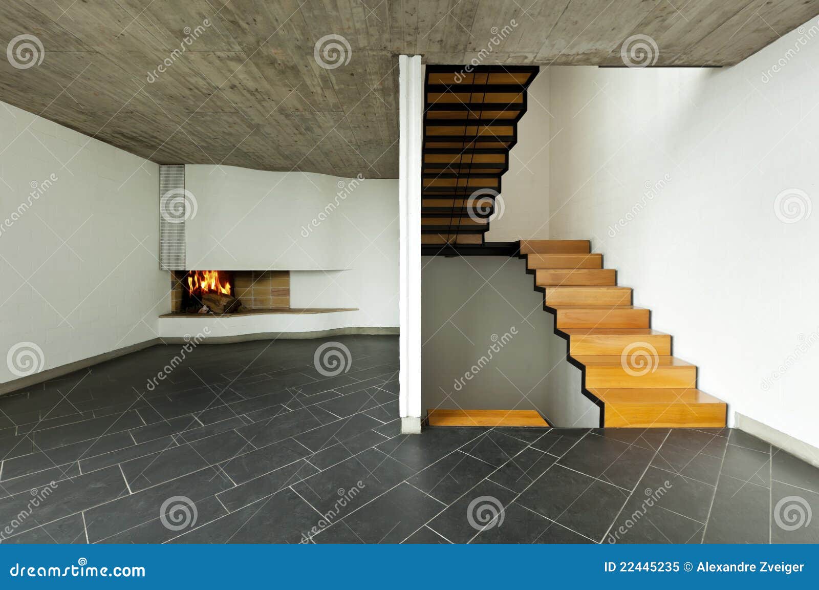 Room Fireplace and Wooden Staircase Stock Image - Image of space ...