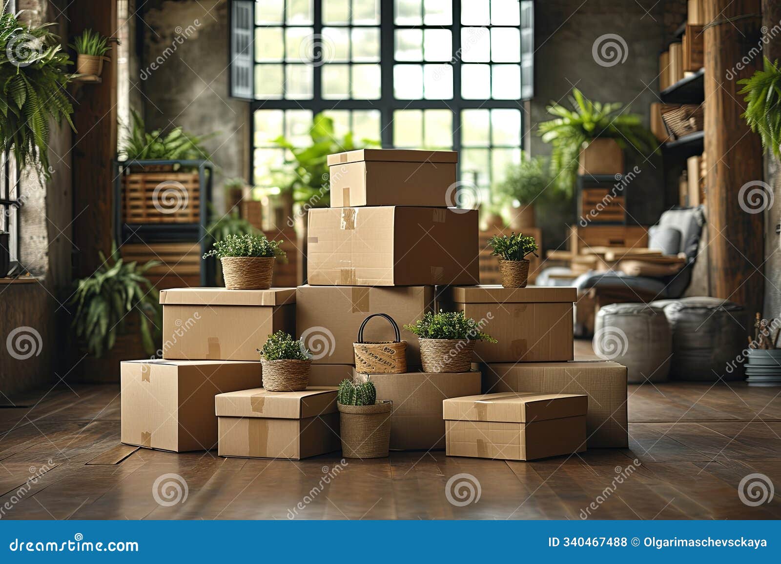 Room Full of Boxes and Plants in the Process of Moving Stock ...