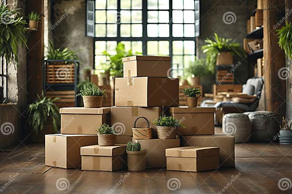 Room Full of Boxes and Plants in the Process of Moving Stock ...