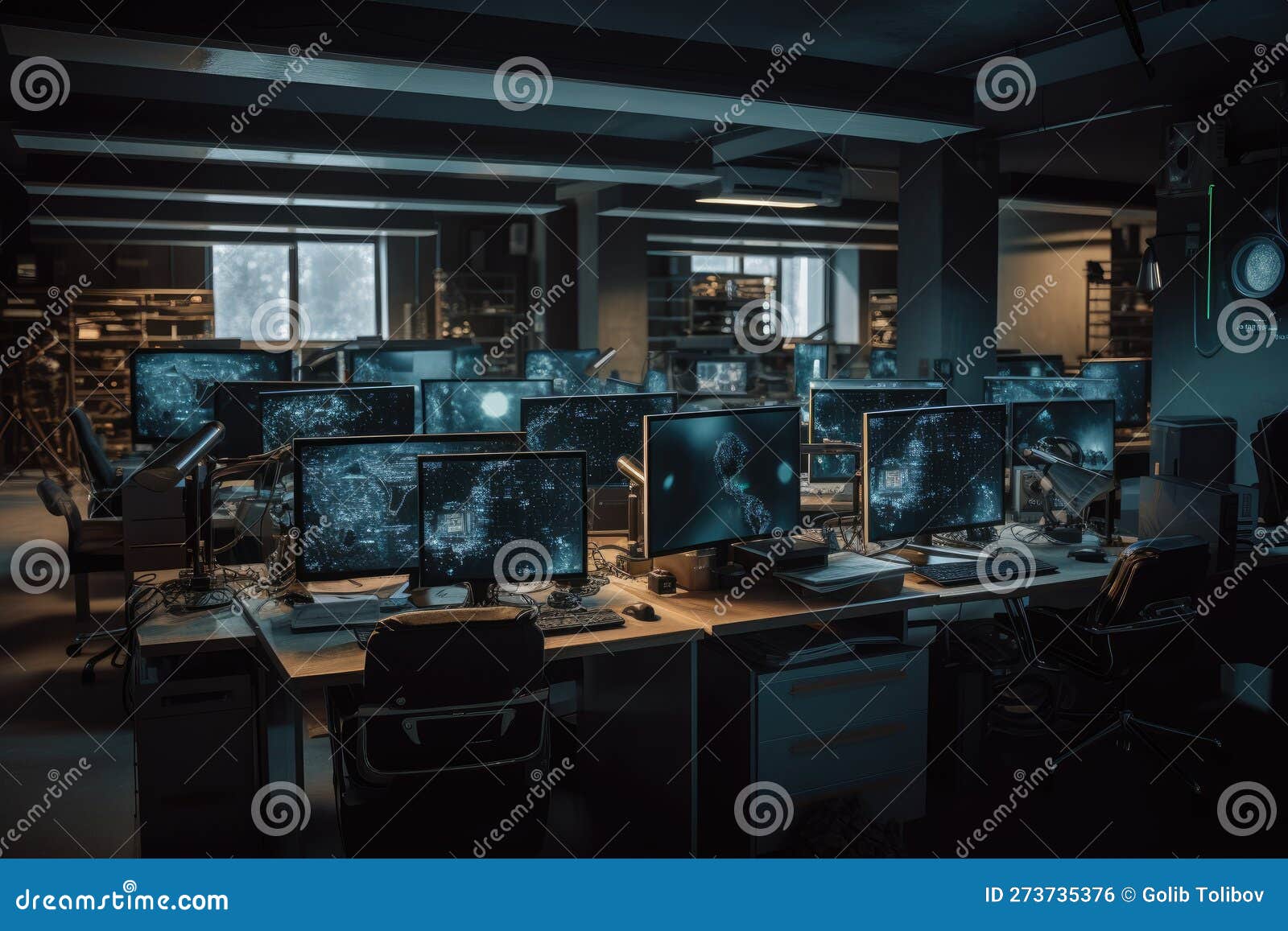 A Room Full of Computer Monitors in a Dark Room. Generative AI Stock ...