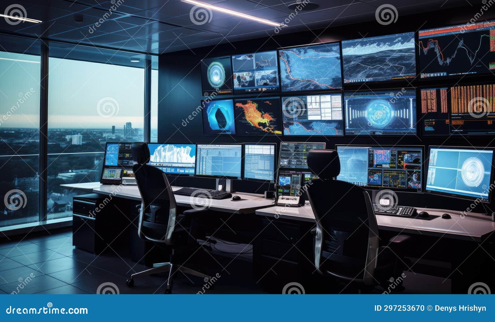 A Room Full of Computer Screens Illuminated with Glowing Images Stock ...