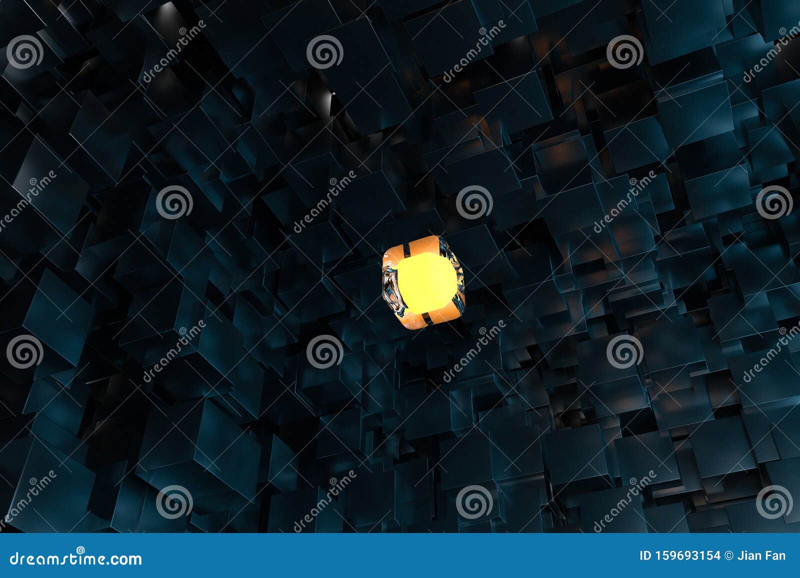 A Room Full with Dark Cubes, Illuminated by Glowing Cubes, 3d Rendering ...