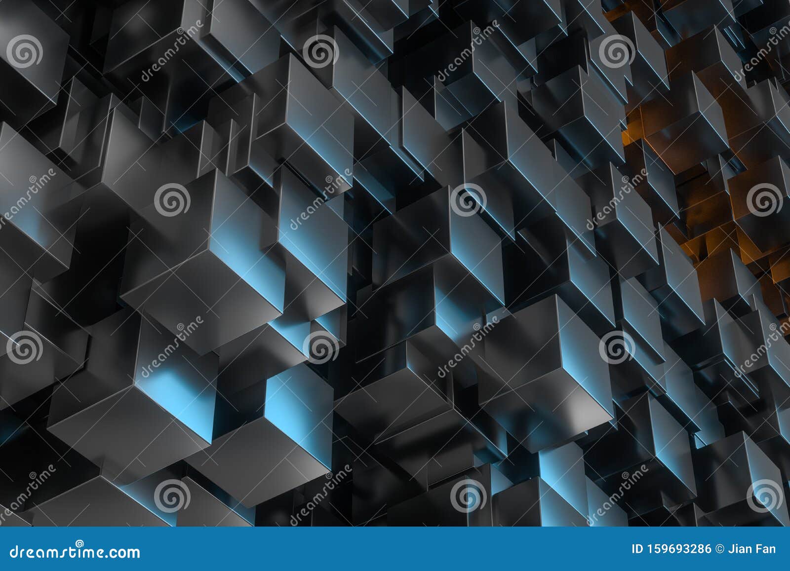 A Room Full with Dark Cubes, Illuminated by Glowing Cubes, 3d Rendering ...