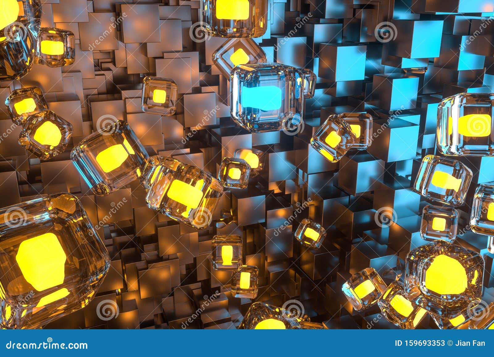 A Room Full with Dark Cubes, Illuminated by Glowing Cubes, 3d Rendering ...