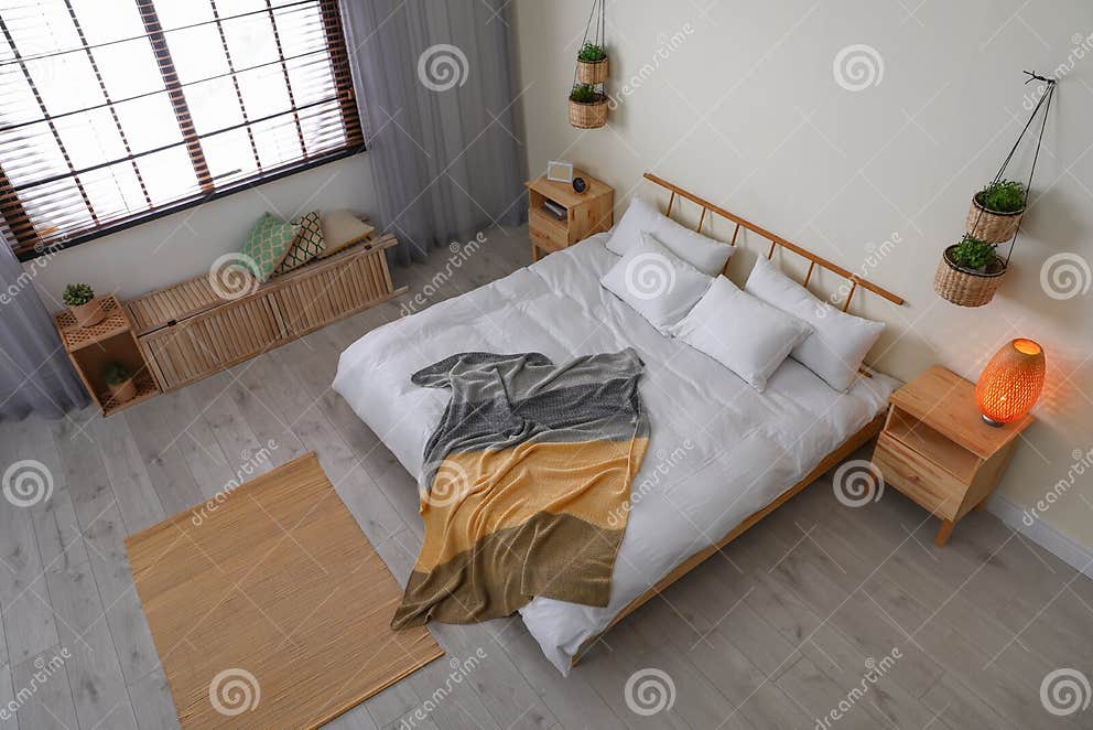 Room Interior with Comfortable Bed, View through Camera Stock Image ...