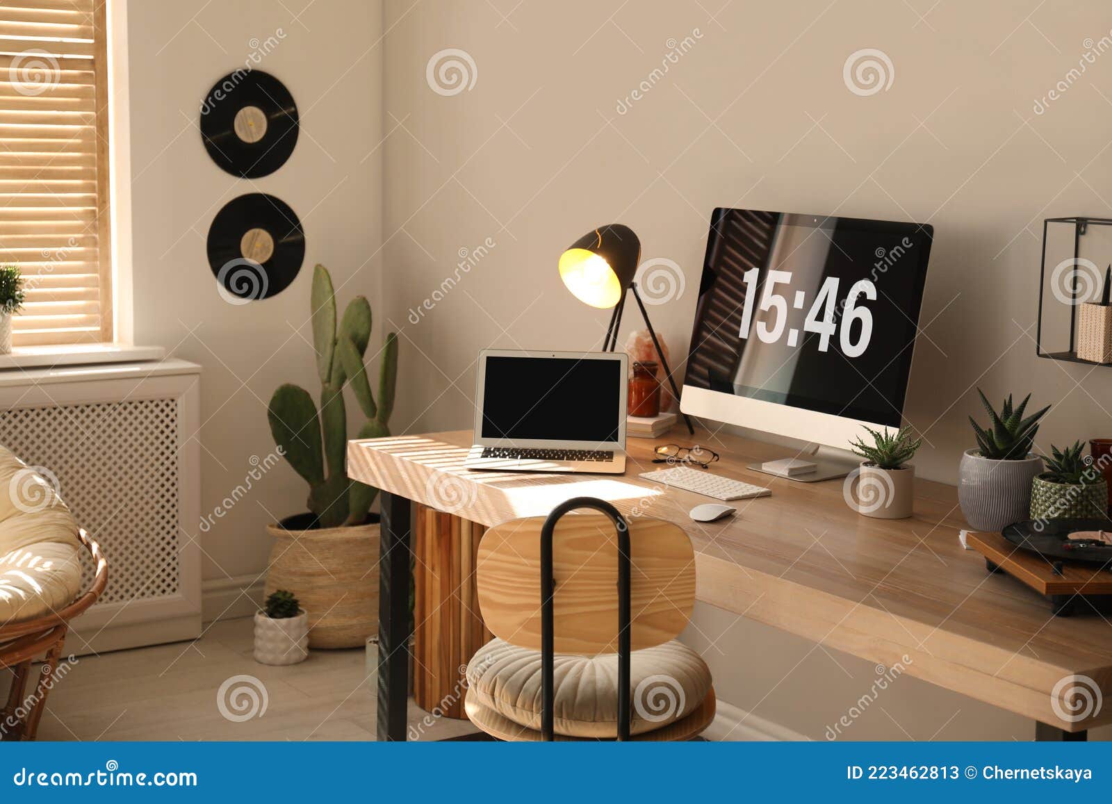 Room Interior with Comfortable Workplace. Modern Computer and Laptop on ...