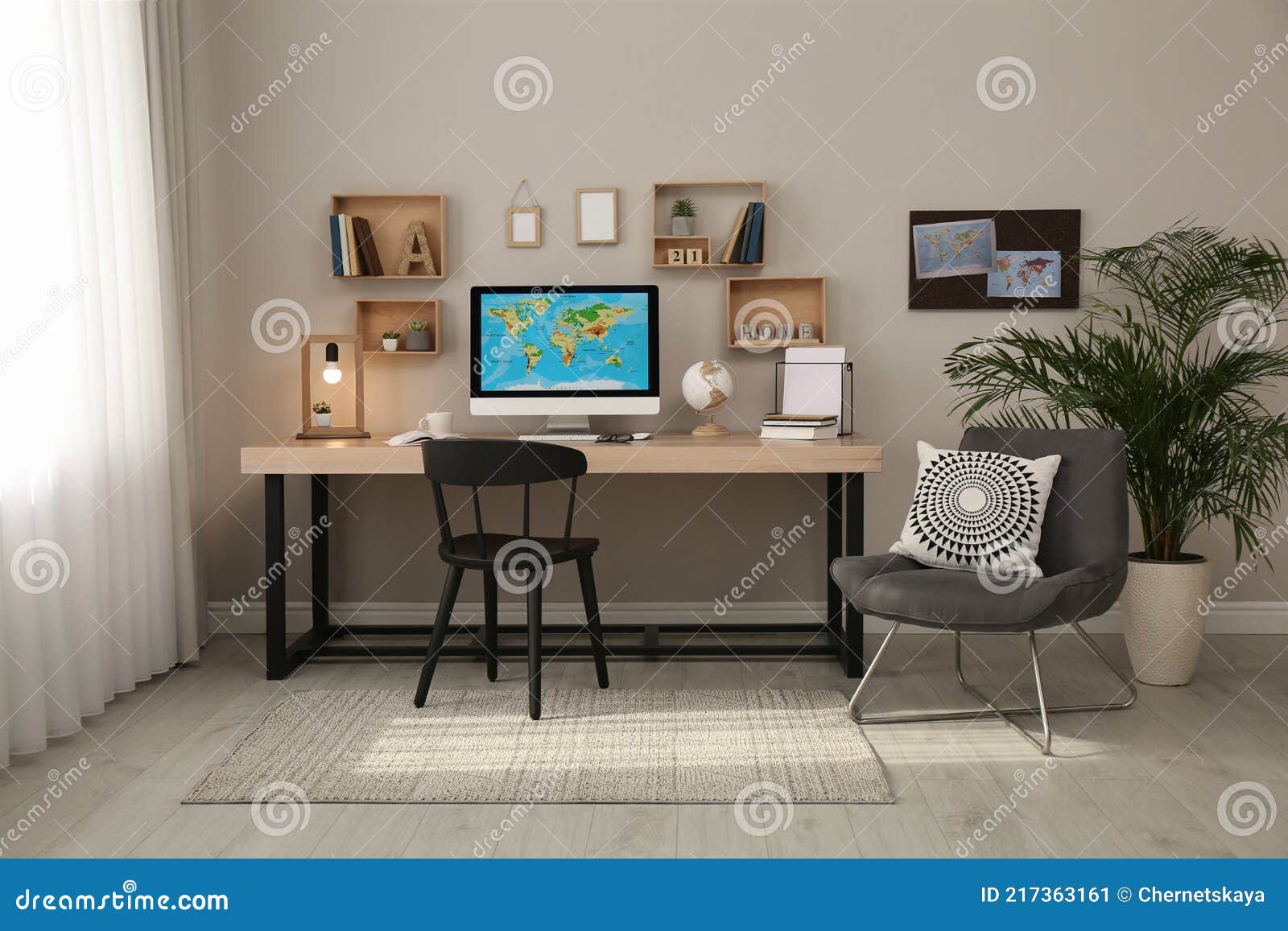 Room Interior with Comfortable Workplace. Modern Computer on Wooden ...