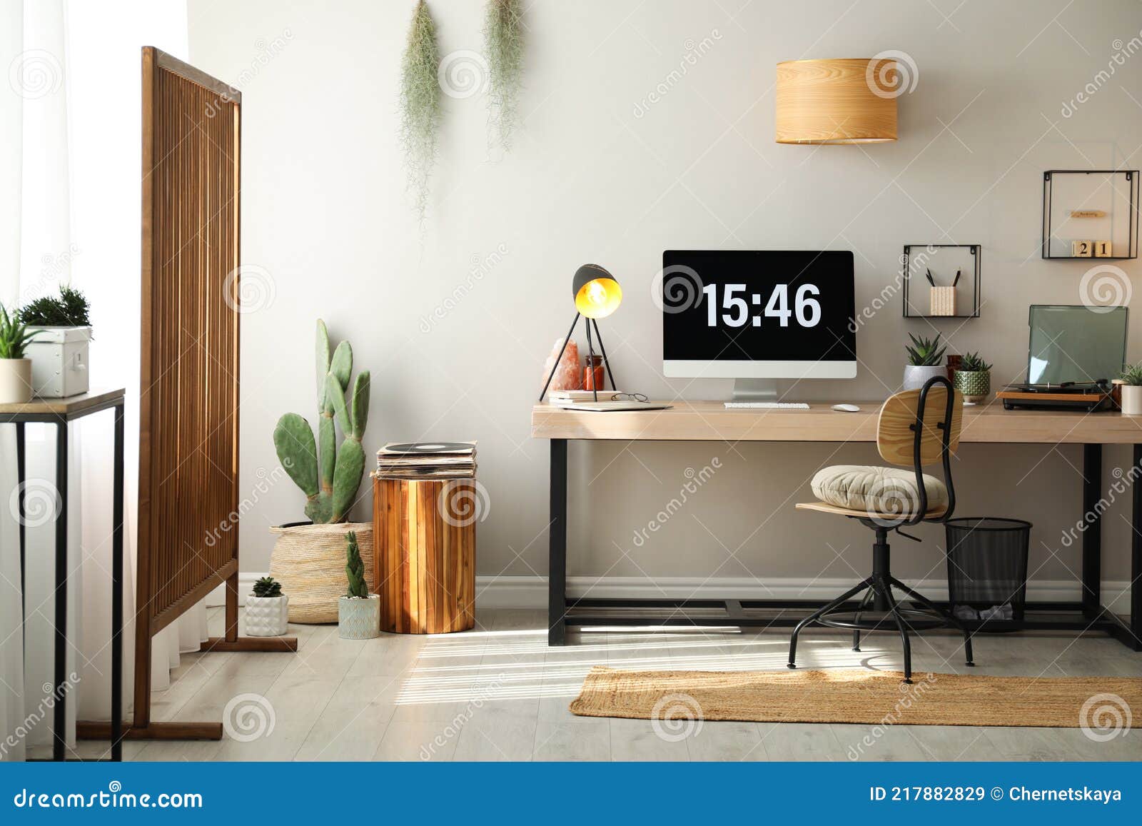 Room Interior with Comfortable Workplace. Modern Computer on Wooden ...