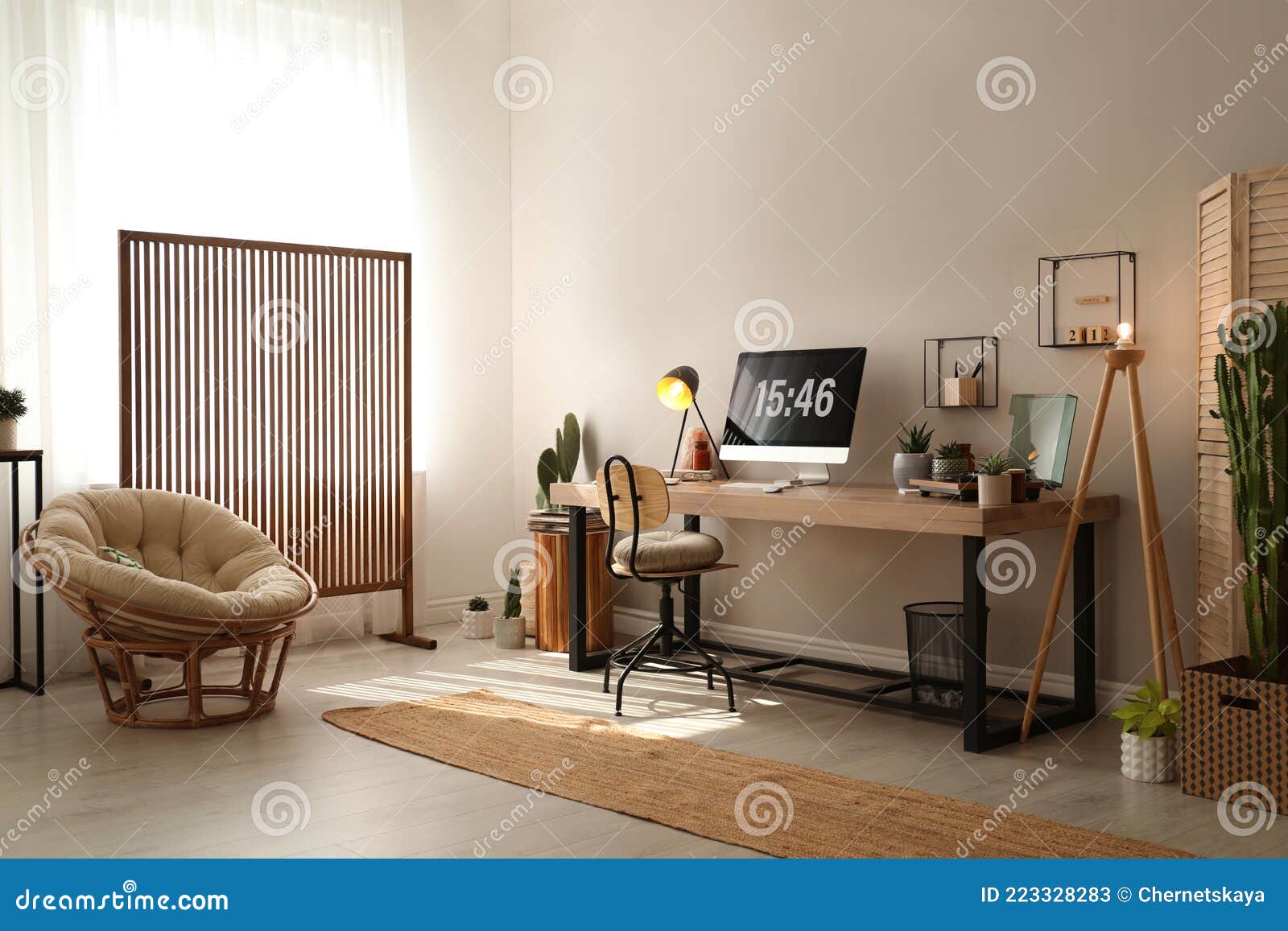 Room Interior with Workplace. Modern Computer on Wooden Desk Stock ...
