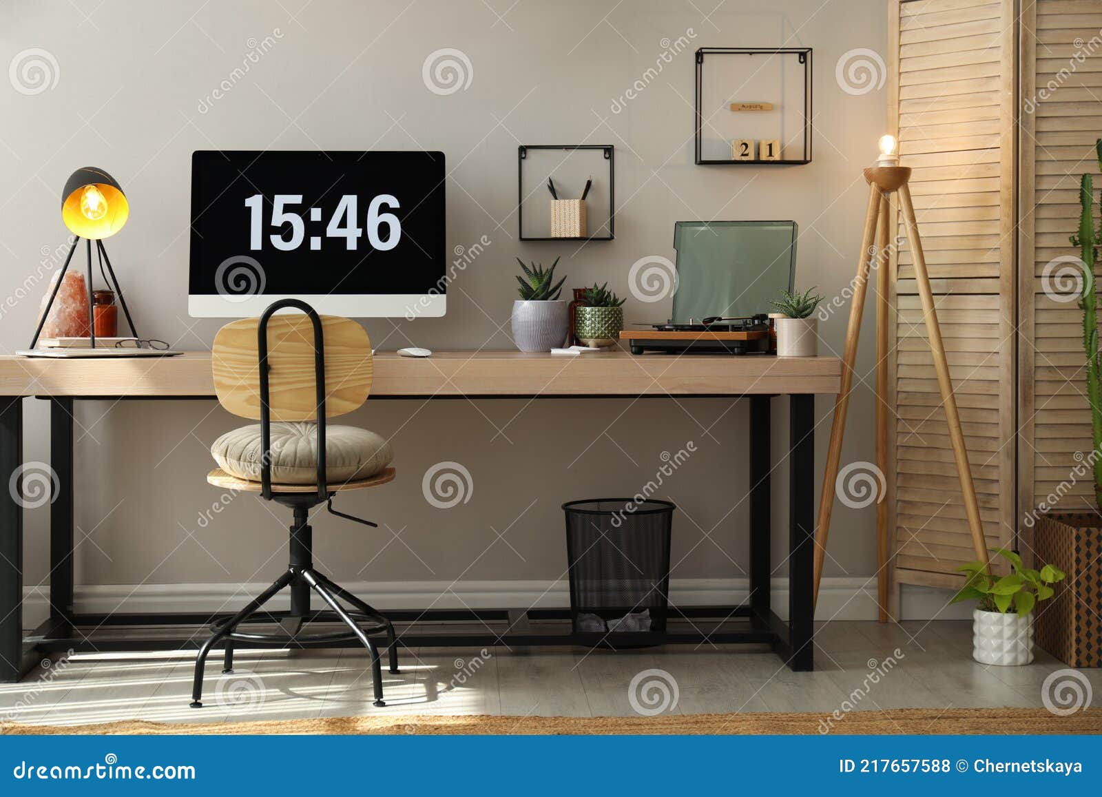 Room Interior with Comfortable Workplace. Modern Computer on Wooden ...