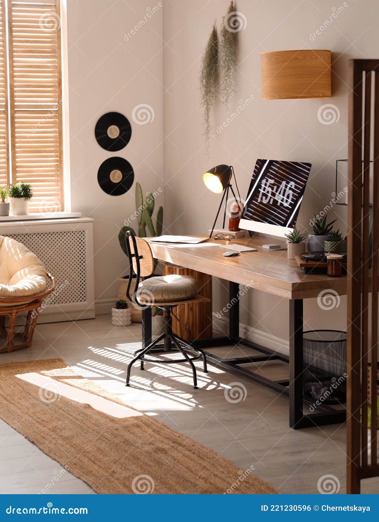 Room Interior with Workplace. Modern Computer on Wooden Desk Stock ...