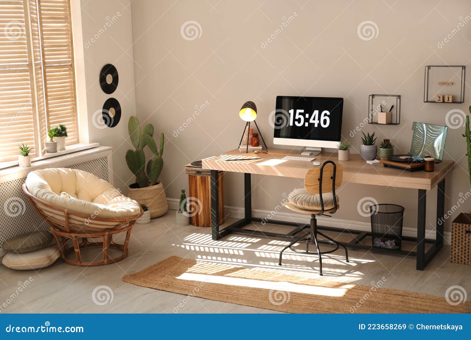 Room Interior with Workplace. Modern Computer on Wooden Desk Stock ...
