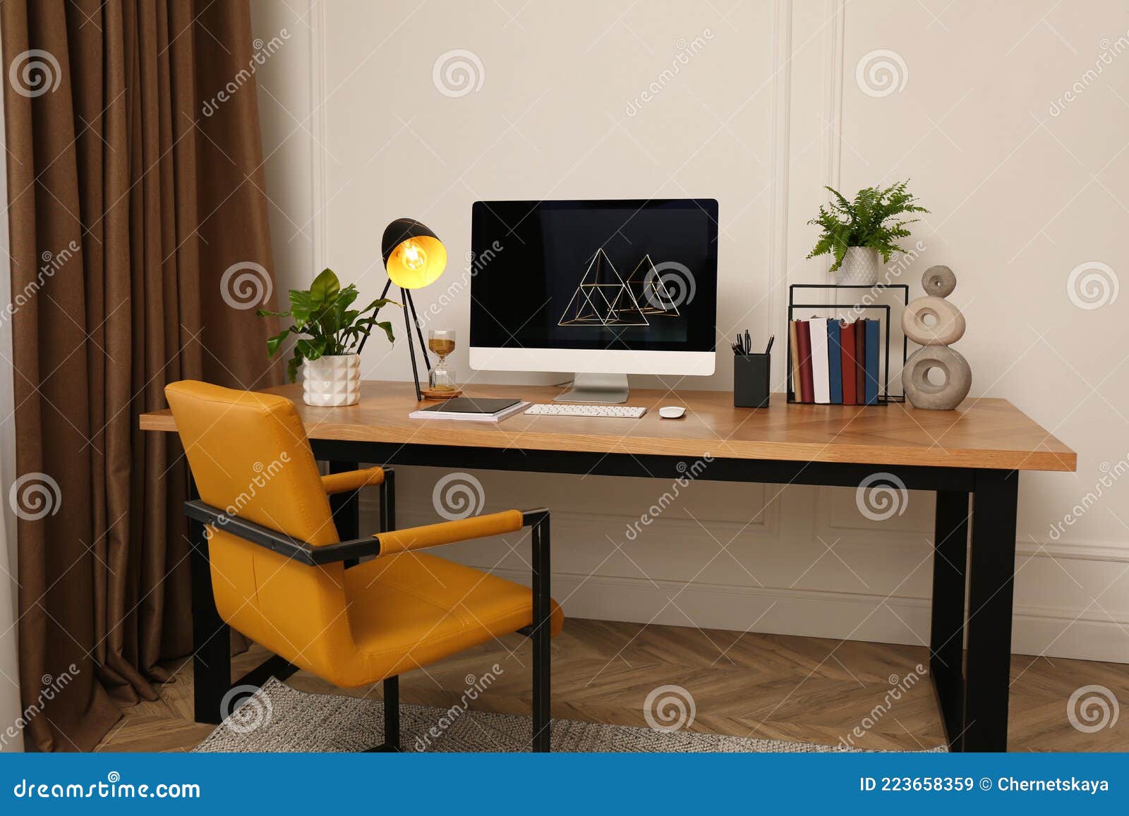 Room Interior with Workplace. Modern Computer on Wooden Desk Stock ...