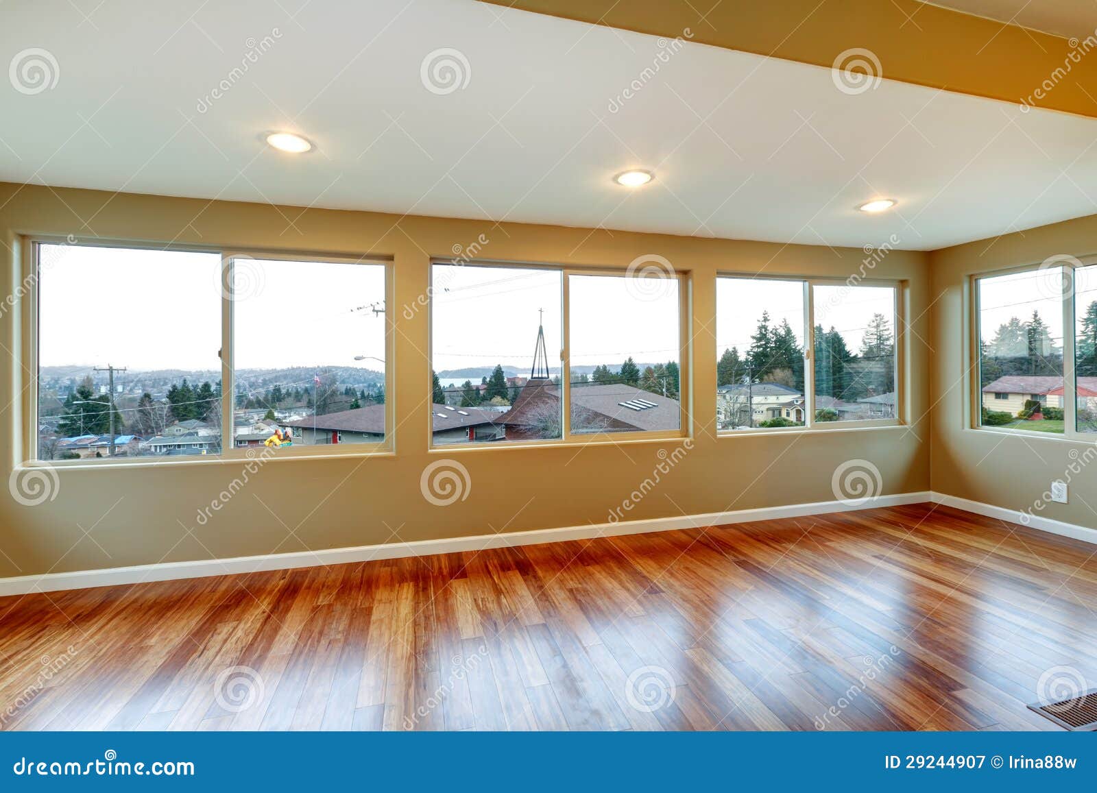 Room Interior with Many Windows and Hardwood Floor. Stock Image - Image ...