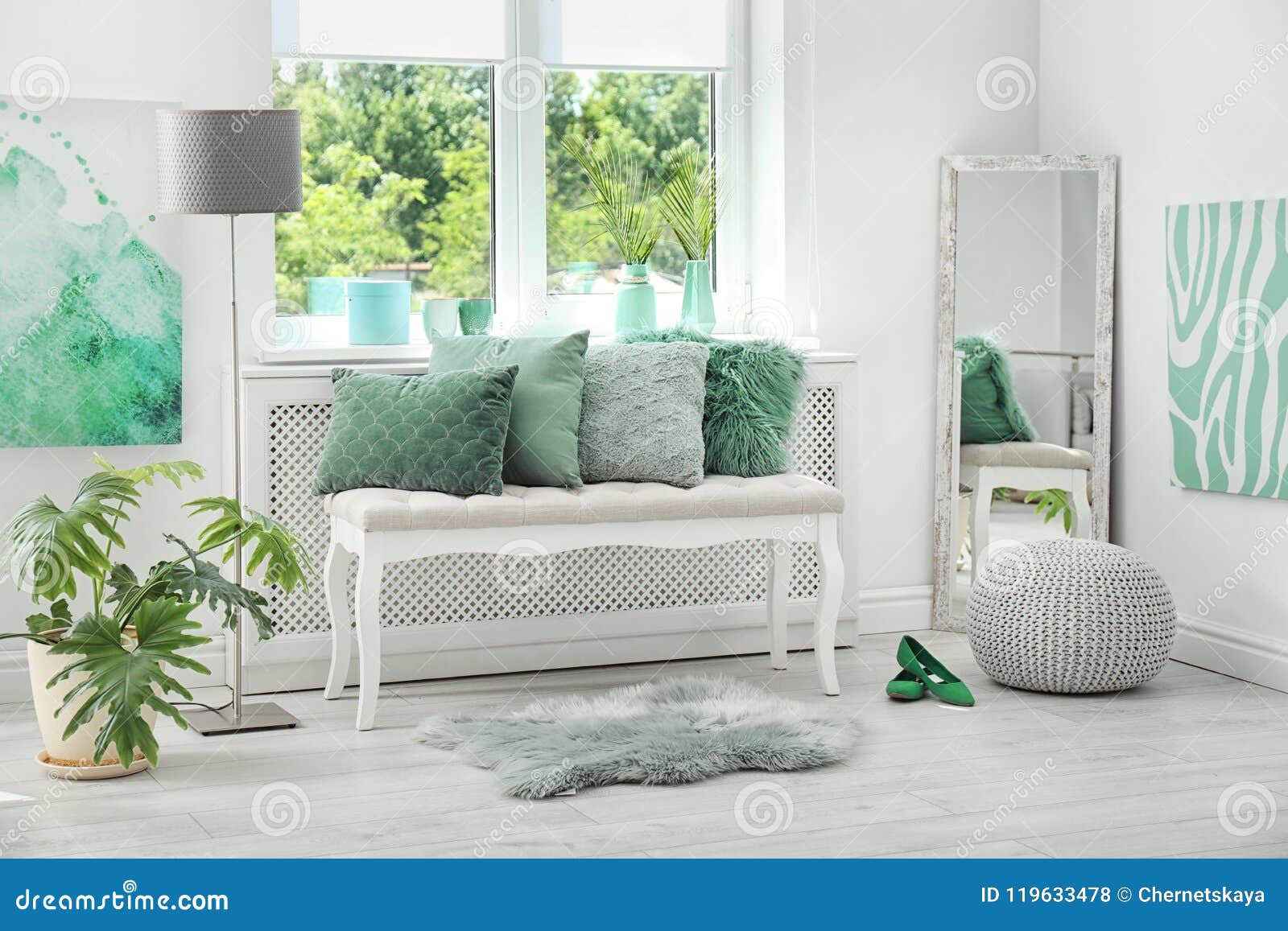 Room Interior with Mint Decor Elements Stock Photo - Image of flat ...