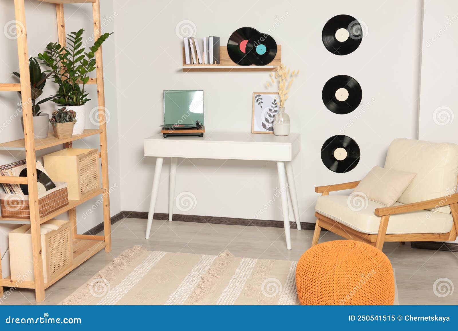Room Interior with Stylish Turntable on White Table and Vinyl Records ...