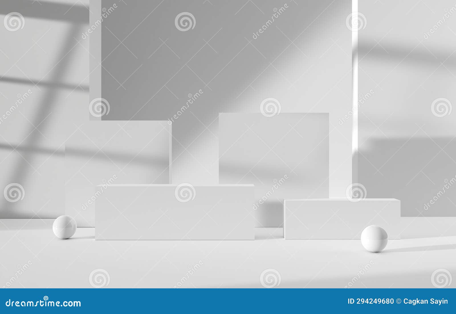 Room Interior with White Rectangular Stage or Podiums, Spheres and ...