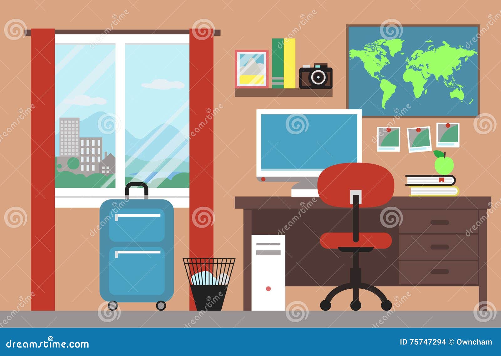 Room Interior with Window and Map Stock Vector - Illustration of ...