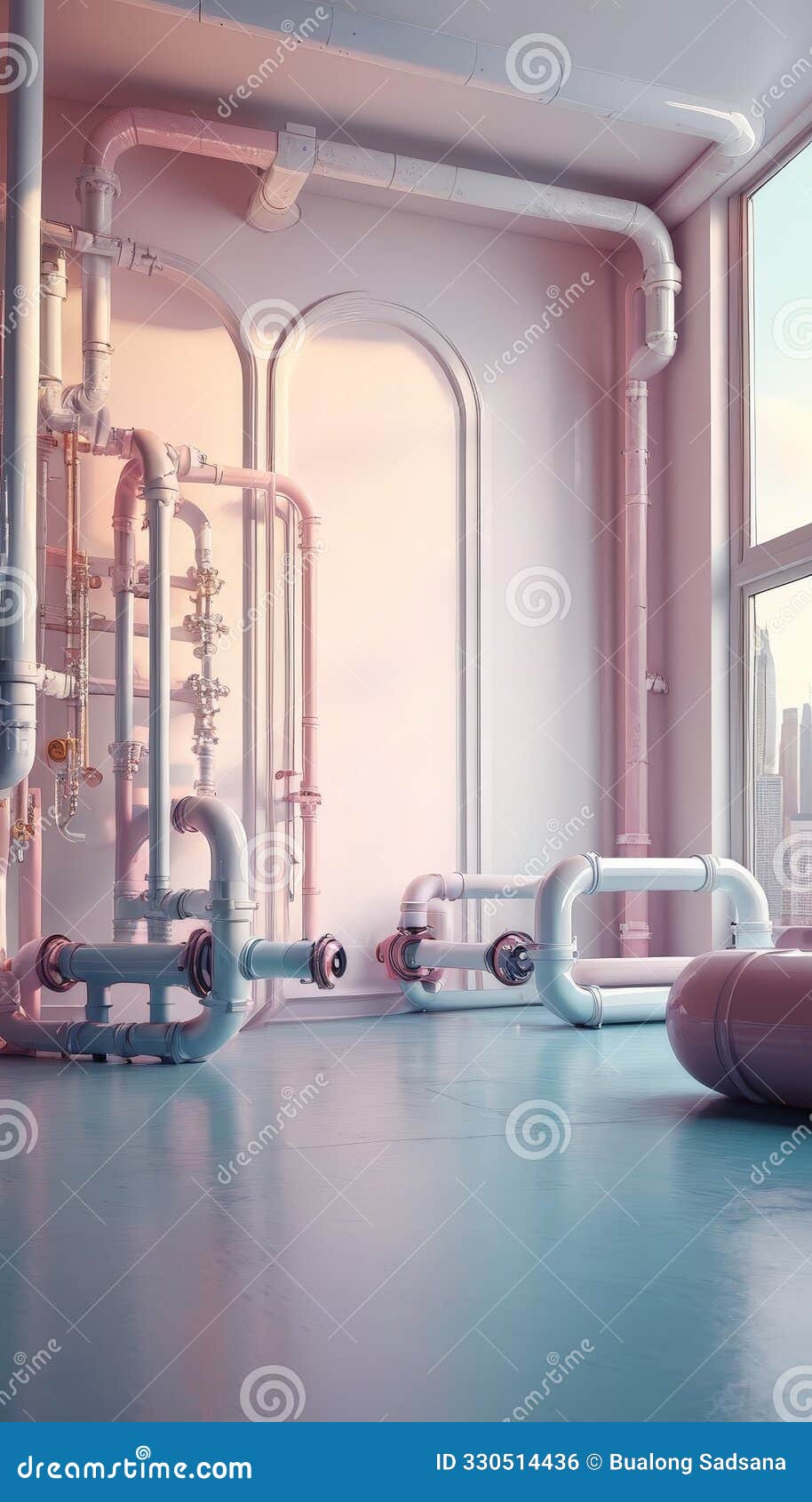 Room with Large Window and Pipe Stock Illustration - Illustration of ...