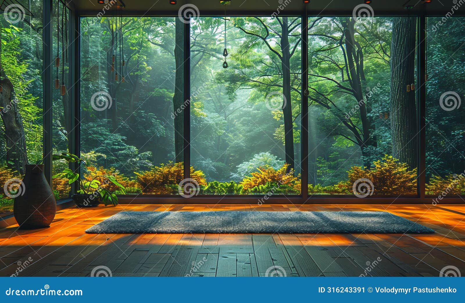A Room with Large Windows and a View of the Forest Stock Image - Image ...