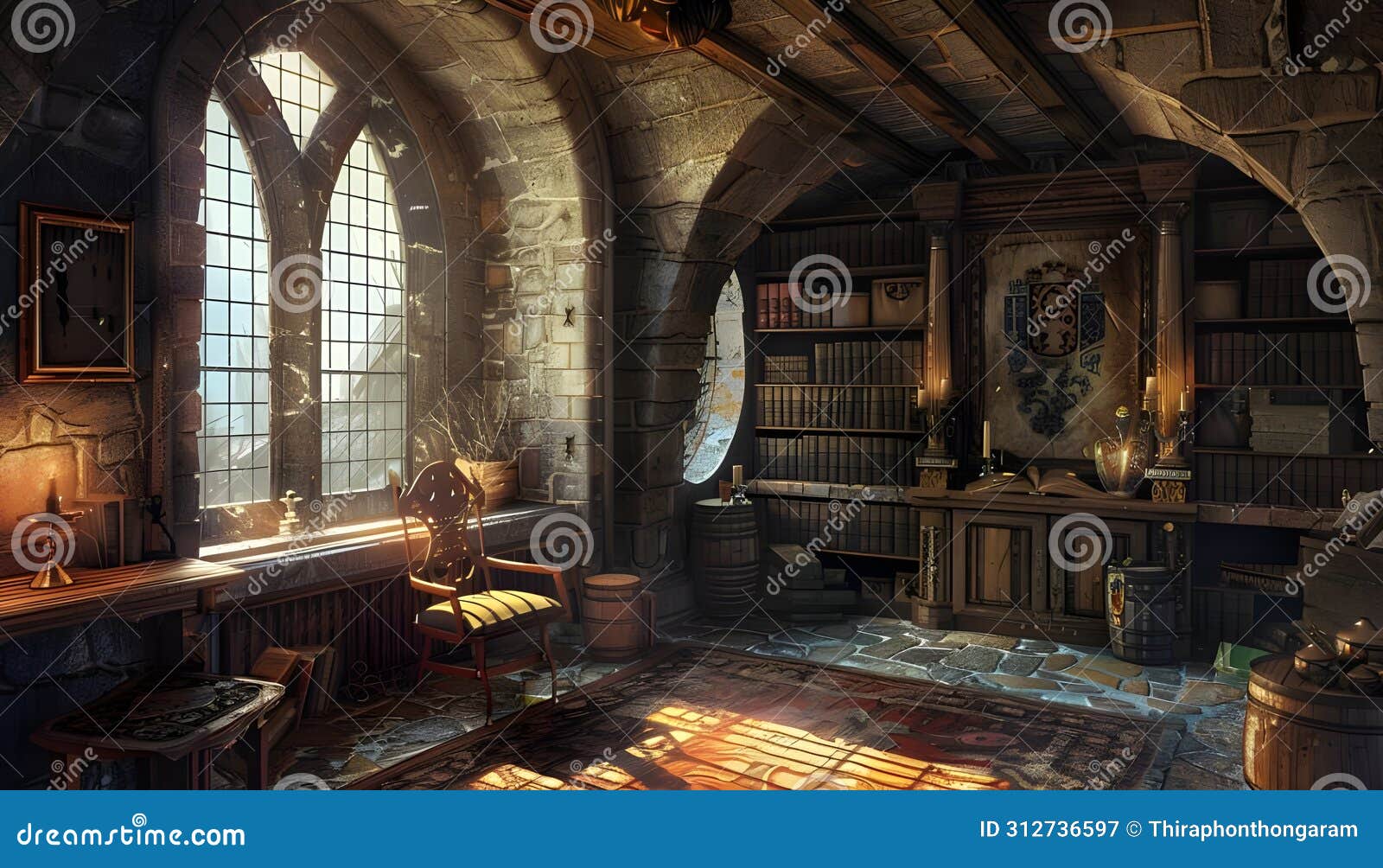 Room in a medieval fantasy stock illustration. Illustration of book ...
