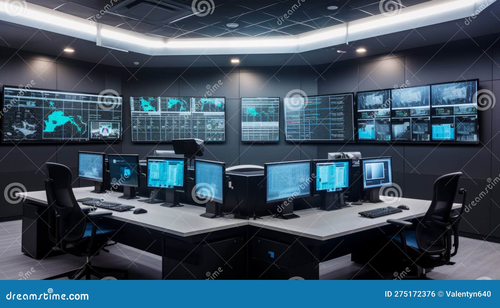 Room with Multiple Computer Monitors and Monitors on the Wall and on ...