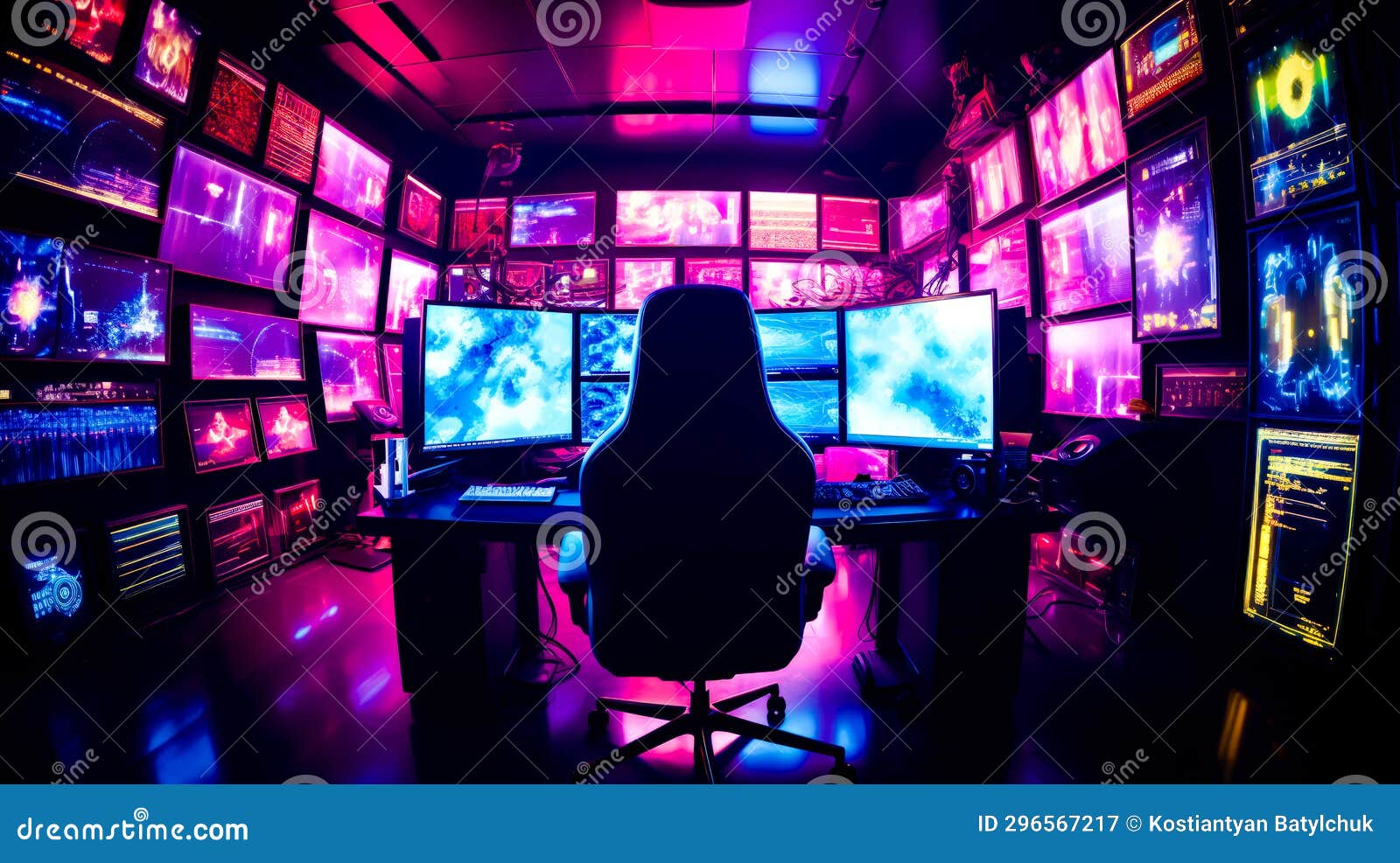 Room with Multiple Computer Screens and Chair in Front of it with Lot ...