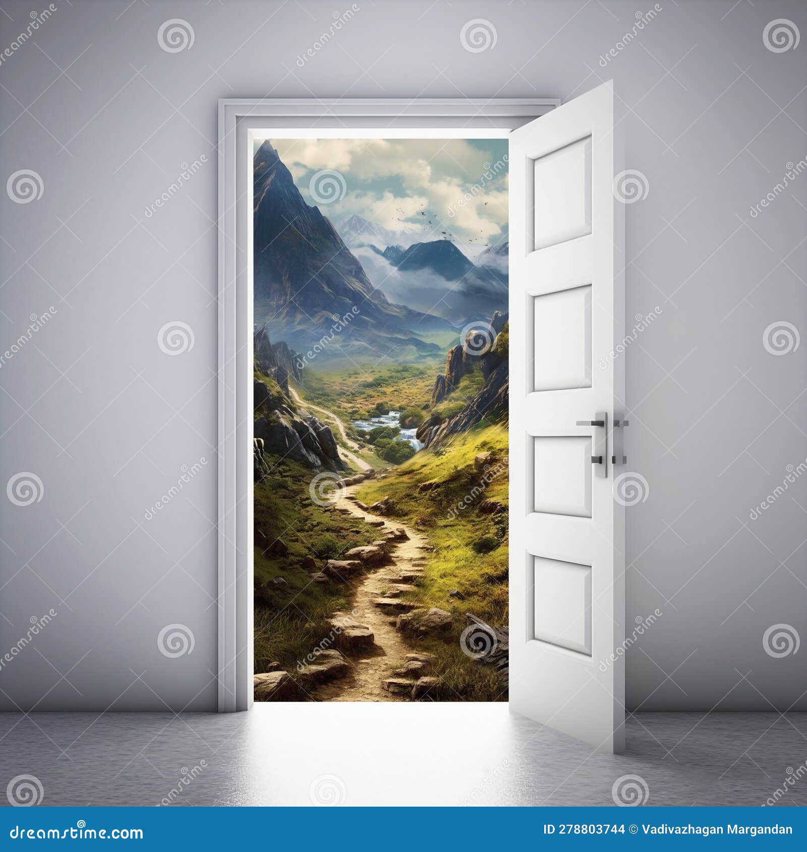 Room with an Open Door in Field Stock Illustration - Illustration of ...