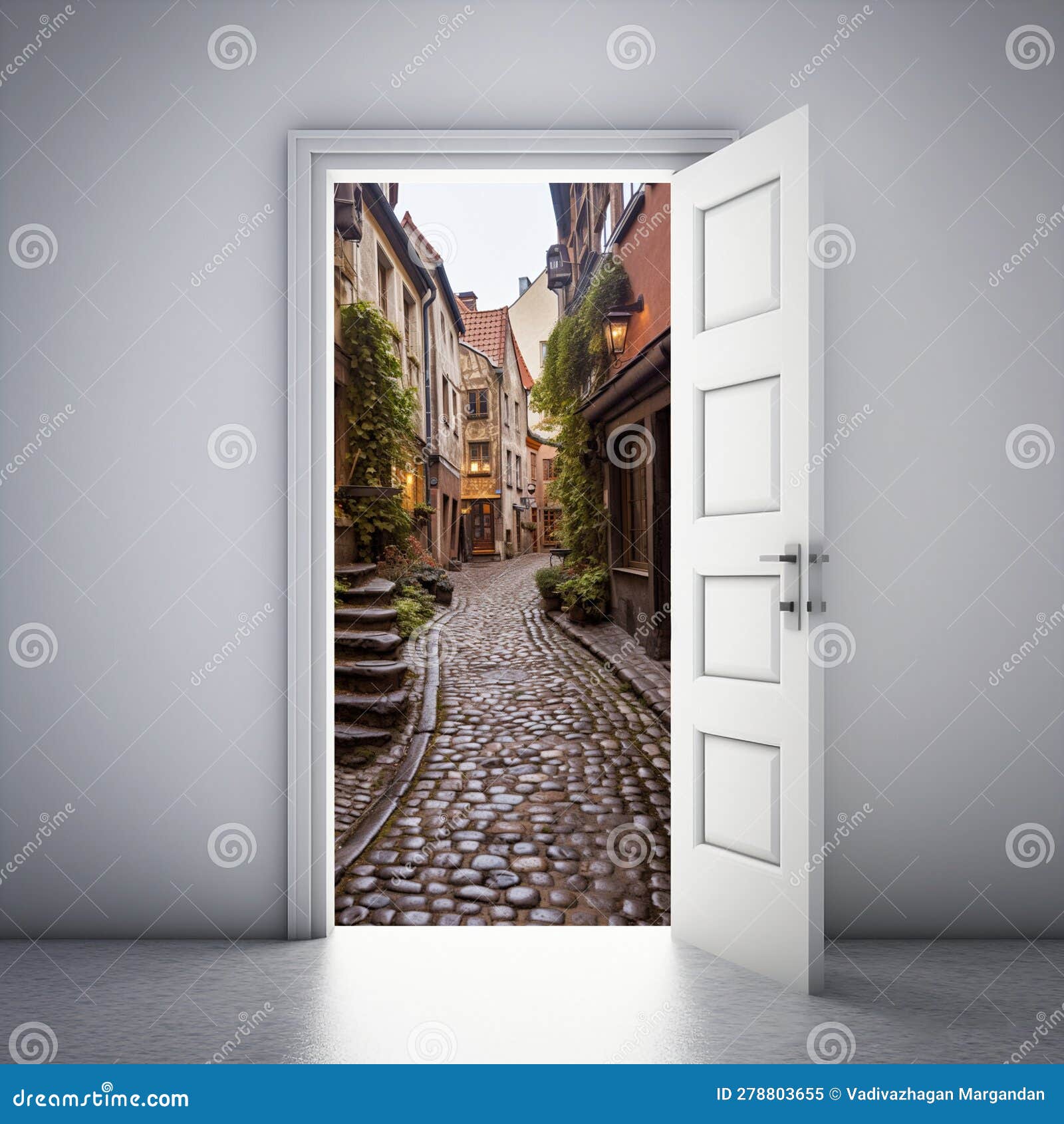 Room with an Open Door in Field Stock Illustration - Illustration of ...