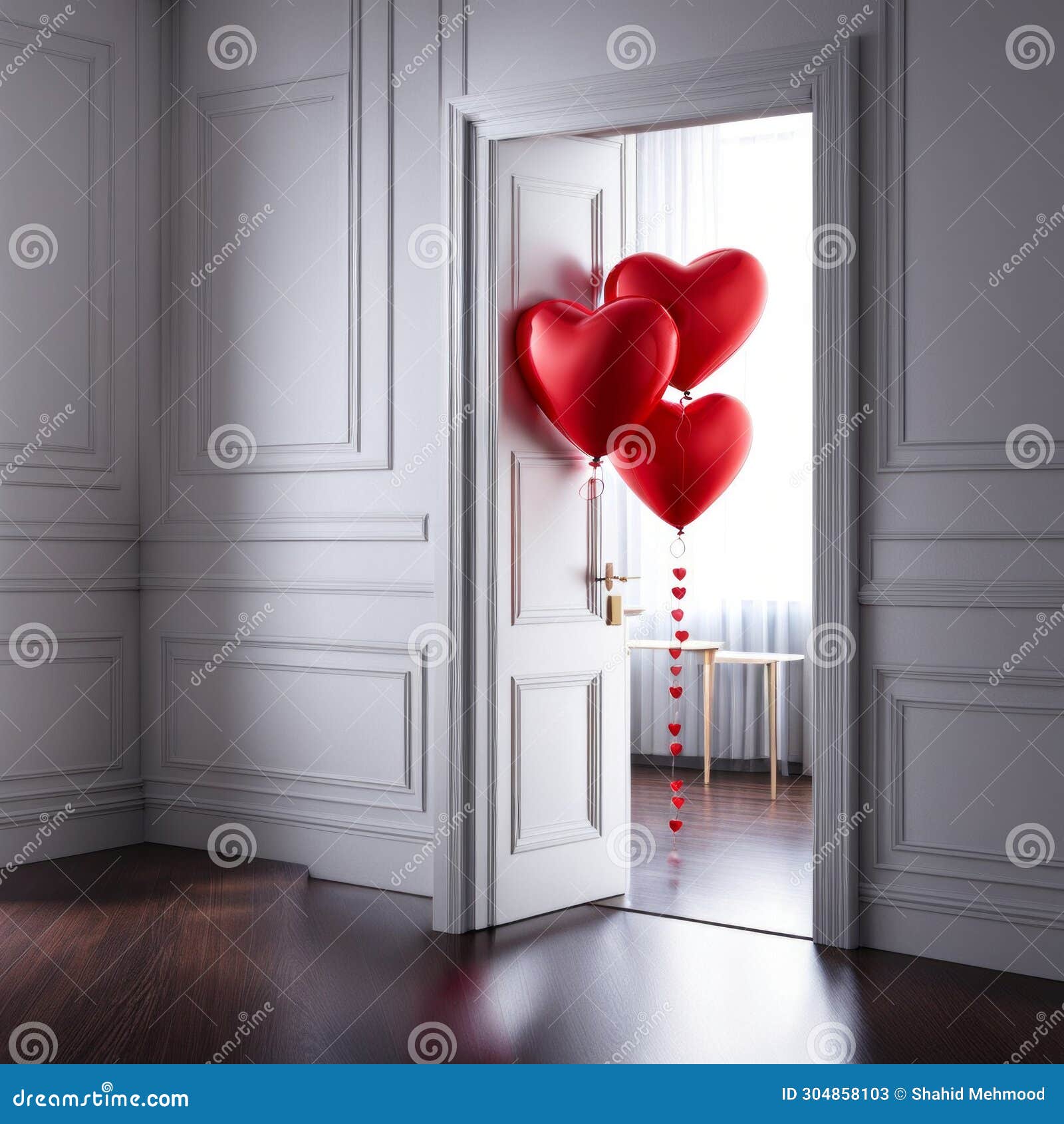 Room with an Open Door and Heart-shaped Balloons Entering Stock ...